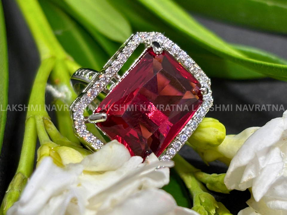 Emerald Cut Simulated Ruby Women Halo Ring 14k Gold Plated Party Wear ...