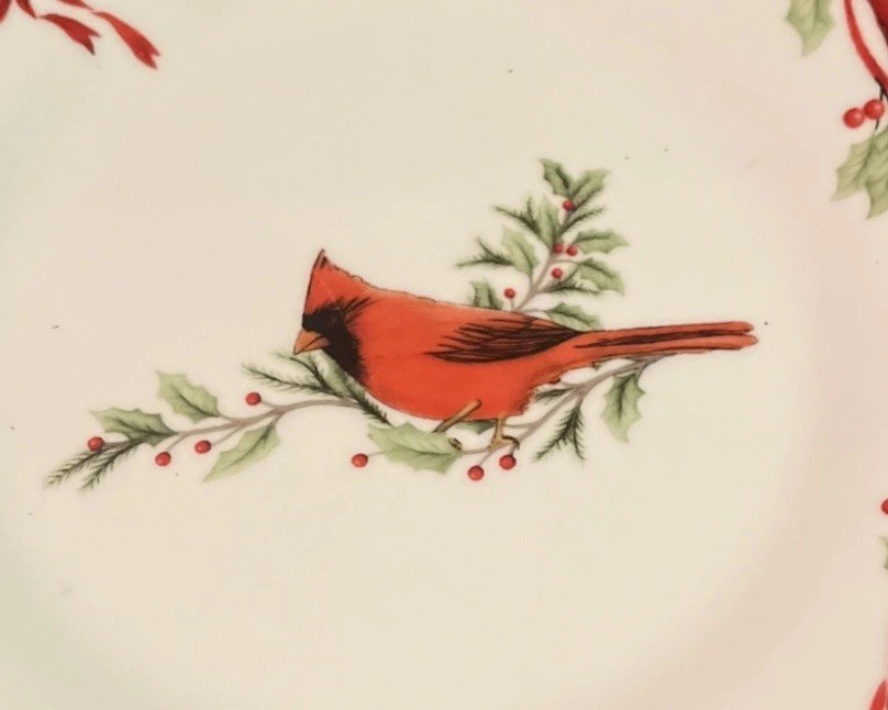 4 Royal Norfolk Christmas Cardinal/Red Ribbons Holly 8" Dessert Plates ...