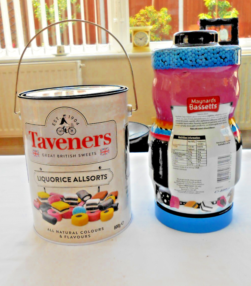 two empty containers collectors items taveners liquorice allsorts and ...