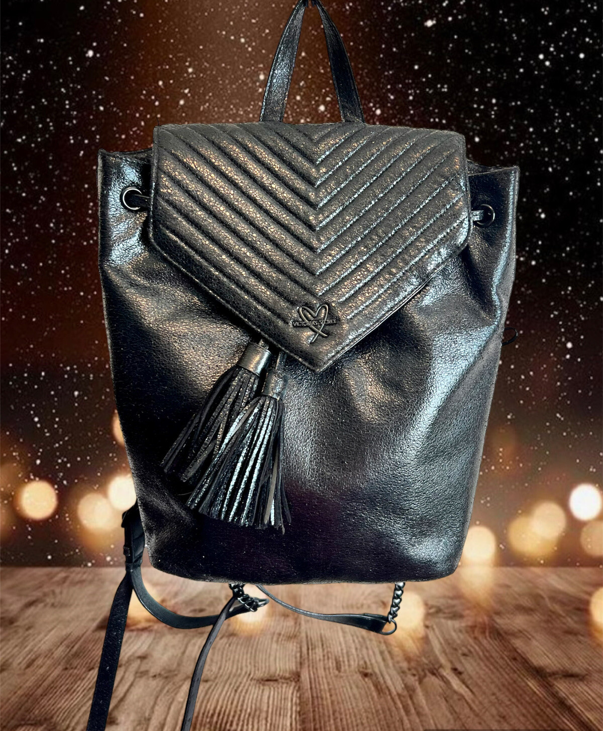 NEW Victoria’s Secret Backpack Black Glistening Pebble Leather Look ...