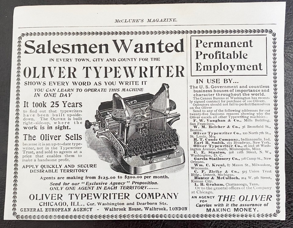 Salesman Wanted! Standard OLIVER TYPEWRITER Co Writing Machine Vtg 1899 ...