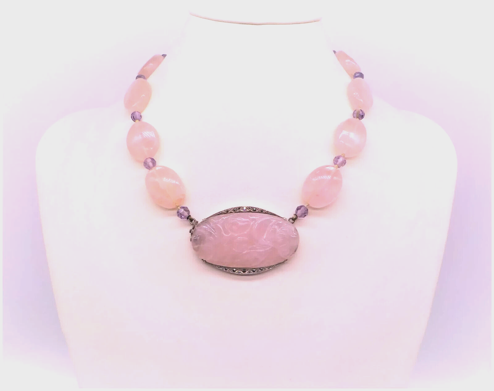 Vintage German Art Deco Style Rose Quartz Amethyst Marcasite Sterling ...