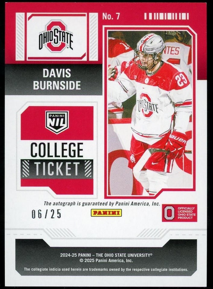 2025 Panini Ohio State NIL Hockey Davis Burnside Cracked Ice #7 AUTO 06 ...