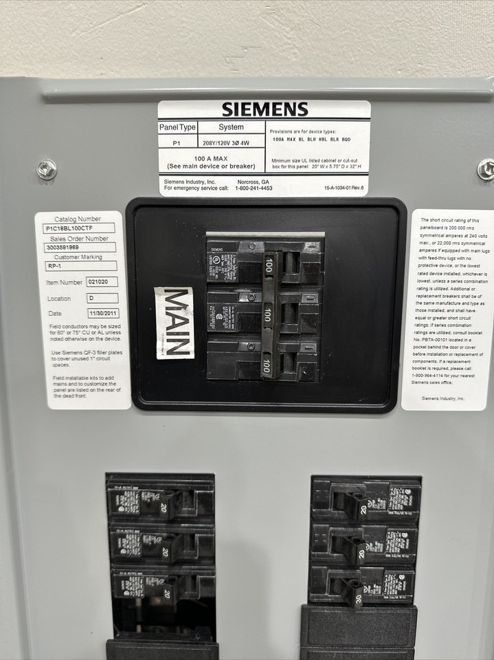 ⚡️Siemens 100A Main Breaker Panelboard P1C18BL100CTF 120V 3PH TPS Surge ...