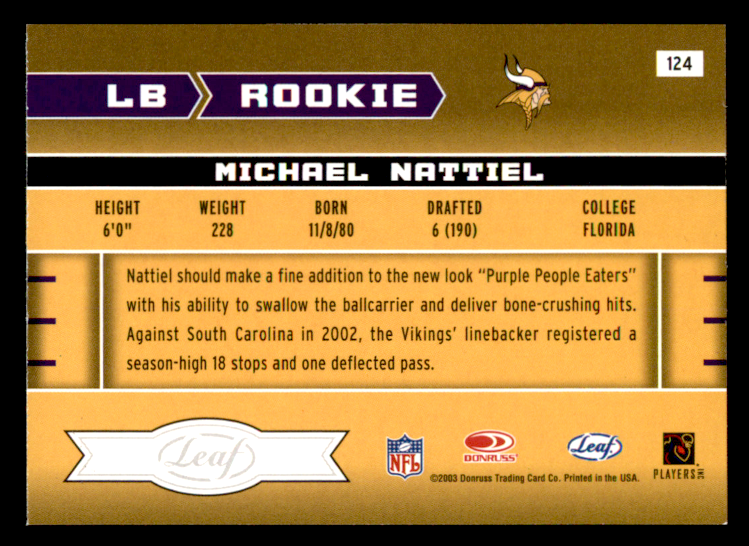 2003 Leaf Rookies & Stars Michael Nattiel Rookie #124 Minnesota Vikings ...