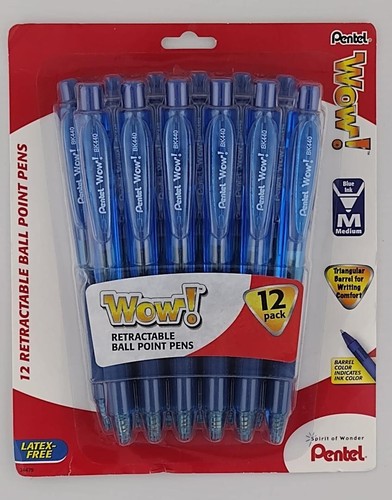 NEW Pentel WOW! Retractable Ballpoint Pens 12-PACK Medium Line BLUE Ink ...