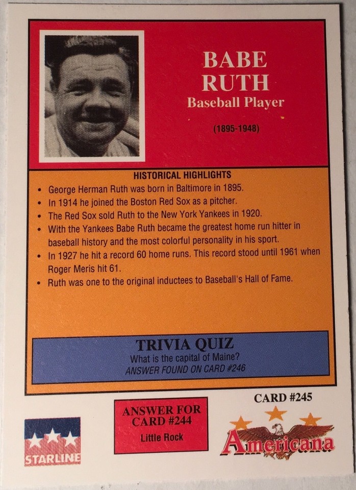 FUN EDUCATIONAL FACTS 1992 Americana Mint Condition Trading Card BABE ...