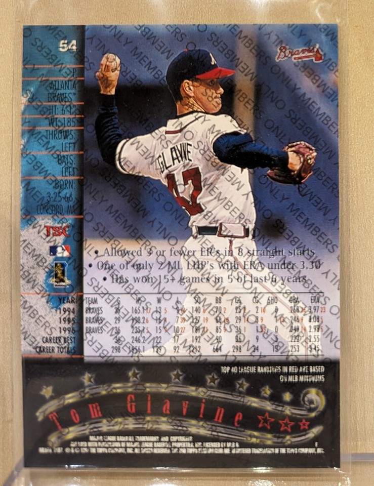 1997 Topps Stadium Club MEMBERS ONLY #54 Tom Glavine Braves HOF RARE ...