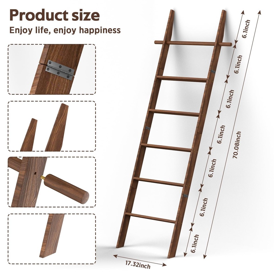 Farmhouse 6 Ft (70 inch) Wooden Blanket Ladder with Removable Hooks, 6 ...