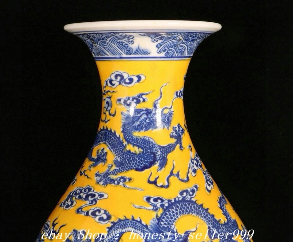 14" Qianlong Marked Yellow Glaze Blue White Porcelain Dragon Pattern ...