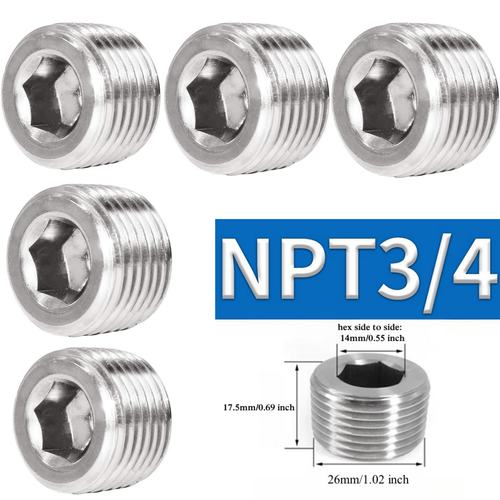 5PACK STAINLESS STEEL PIPE PLUGS 3/4" NPT HEX COUNTERSUNK PLUG SOCKET ...