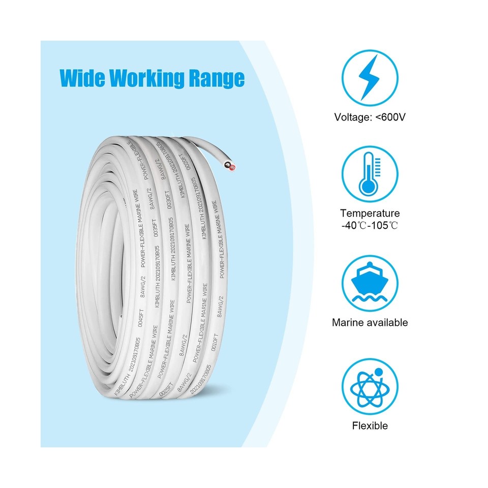 Kimbluth 8 Gauge Duplex Marine Wire Tinned Copper Boat Cable, 20ft 8 ...