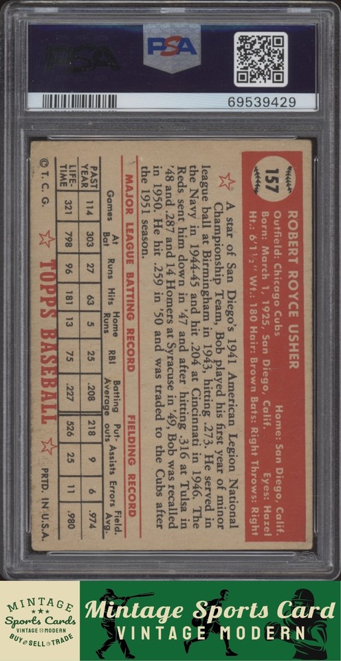 1952 Topps - Bob Usher - #157 Chicago Cubs PSA 2 | eBay