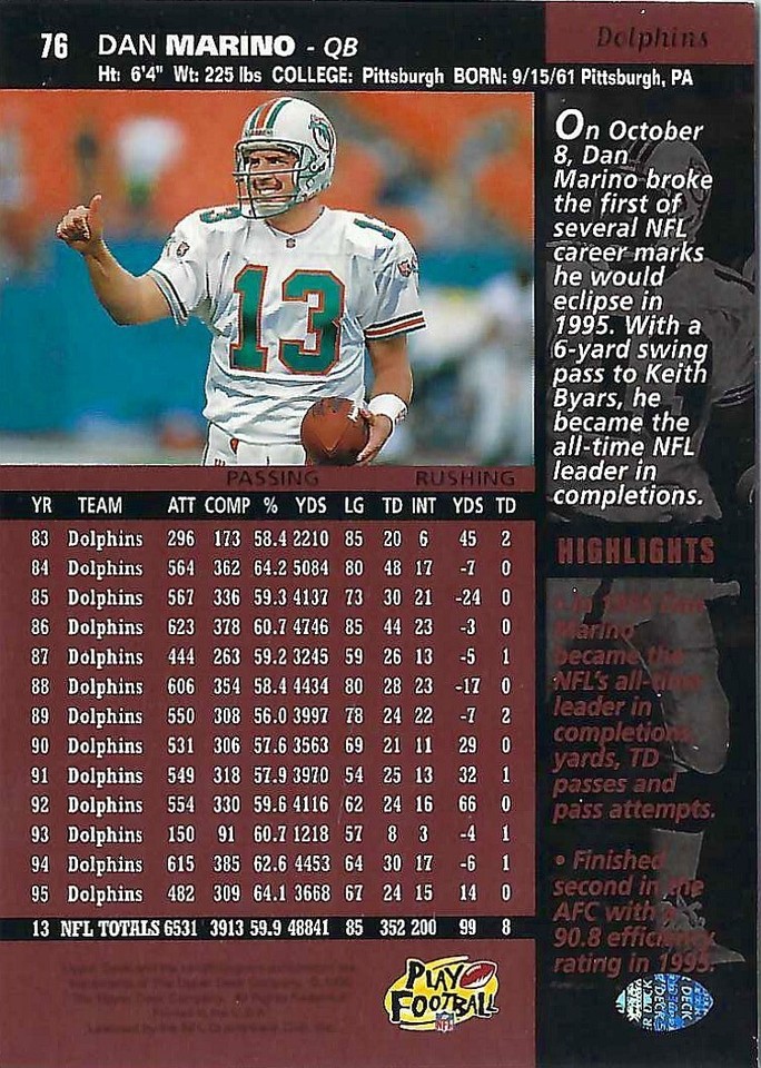 1996 Upper Deck Dan Marino - Miami Dolphins | eBay