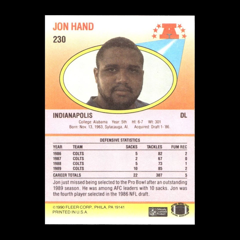 Jon Hand 1990 Fleer Indianapolis Colts #230 R325C 32 | eBay