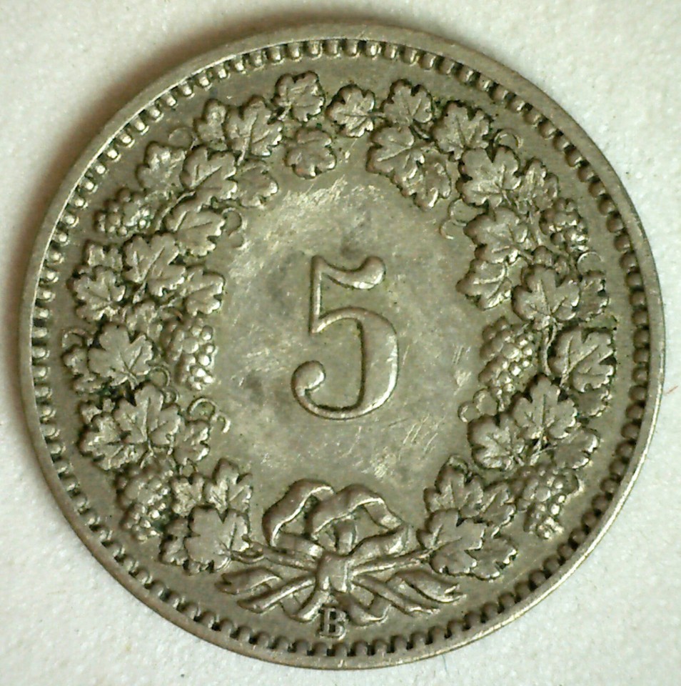 1897 B Switzerland Copper Nickel 5 Rappen Coin Very Fine Circulated ...