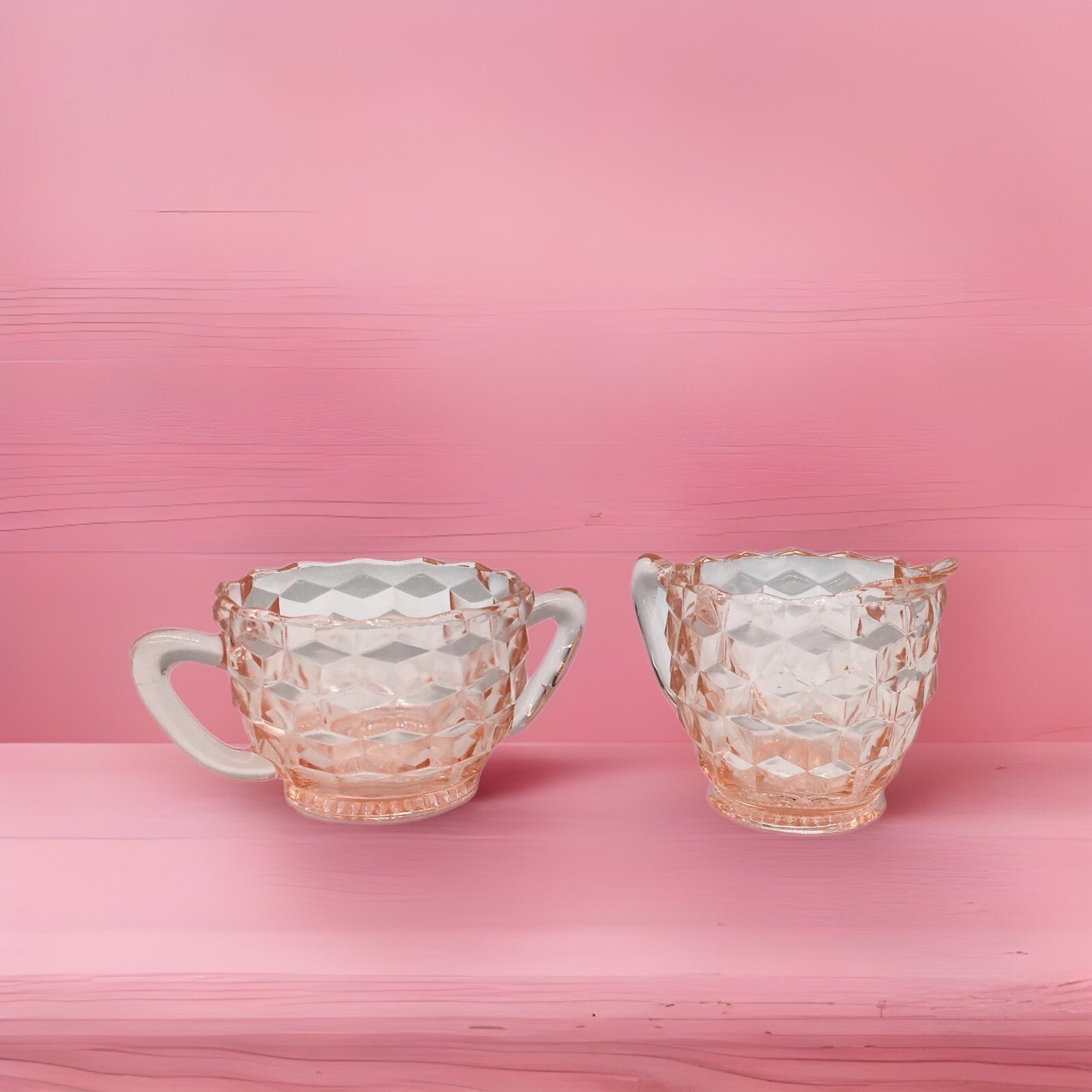 Jeannette Cream & Sugar set Pink Cubist Depression Glass Cube Pattern ...