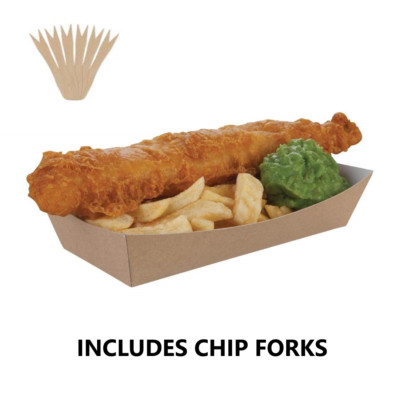 Fish Chip Boxes Forks Disposable Takeaway Kraft TRAY Fast Food Chip ...