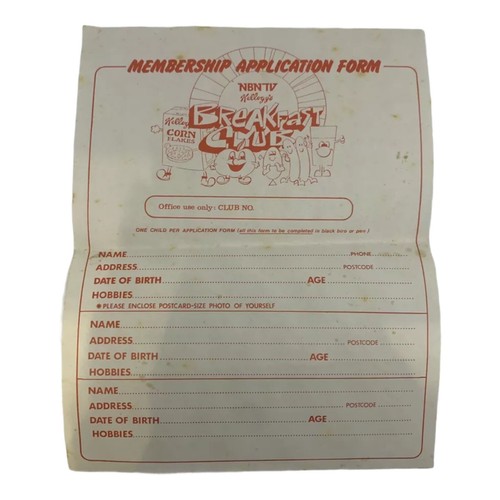 Vintage NBN TV / Kellogg's Breakfast Club - Membership Application Form ...