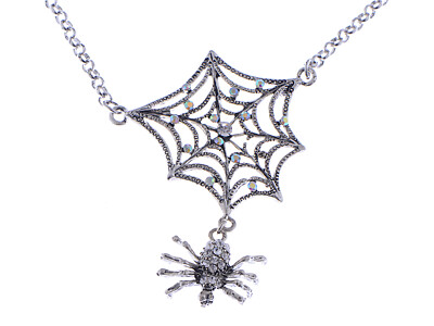 Tone AB Crystal Rhinestones Spider Web Silver Chains Necklace Halloween ...