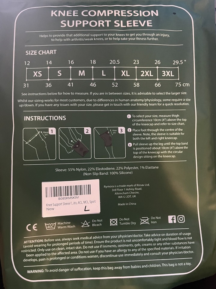 Rymora New Knee Compression Support Sleeve Size Large | eBay