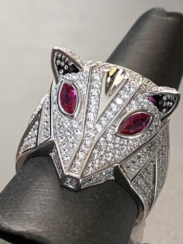 NEW Men Women Sterling Silver 925 Fox Head Ring Encrusted CZ Ruby Red ...