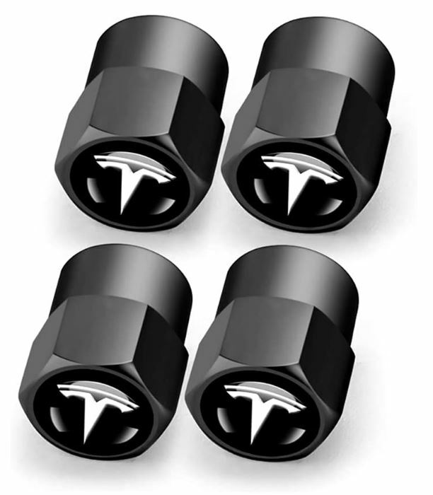 Tesla Tire Air Valve Stem Caps, 4x Black Hex Metal Alloy, New
