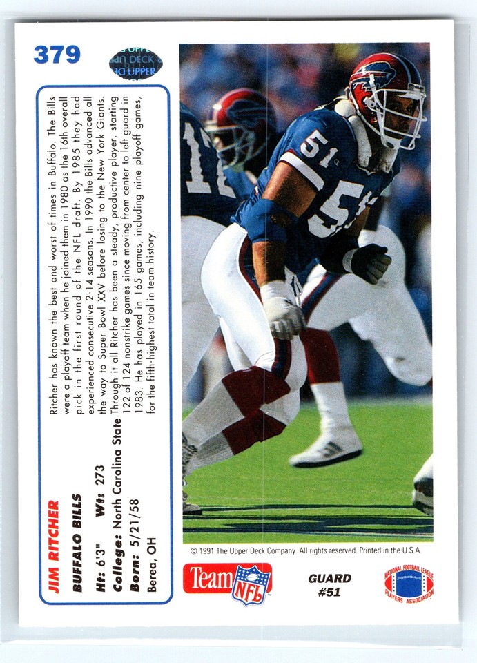1991 Upper Deck #379 Jim Ritcher Football Buffalo Bills | eBay