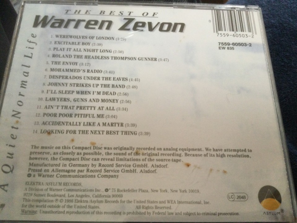 A Quiet Normal Life: The Best of WARREN ZEVON 1986 Asylum CDVery Good ...