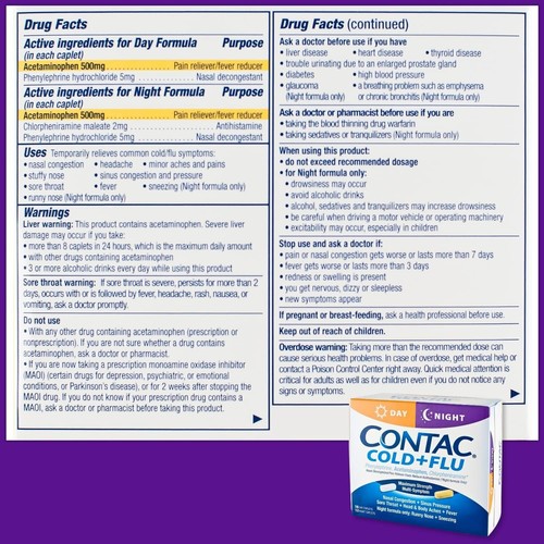 Contac Cold + Flu, Runny Nose, Sneezing, Combo, 28 Caplets (Pack Of 6 ...