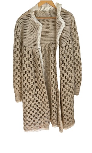 VTG HandKnit Taupe Crochet Long Shacket Cardigan Cottage Boho Hippy ...