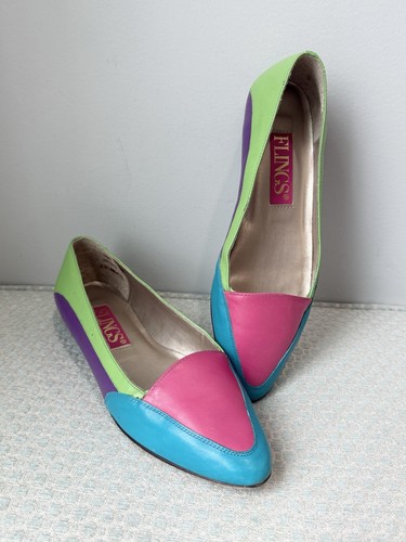 FLINGS Vintage 80’s Colorblock Flats Sz 5.5 Leather Shoes Pink Green ...