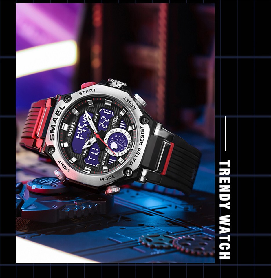 SMAEL Brand Men Digital LED Watch Dual Time Gold Watches Rubber ...