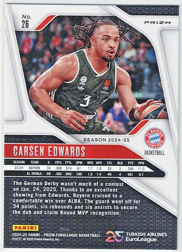 2024-25 Panini Prizm Euroleague Carsen Edwards #26 SnakeSkin SSP ...