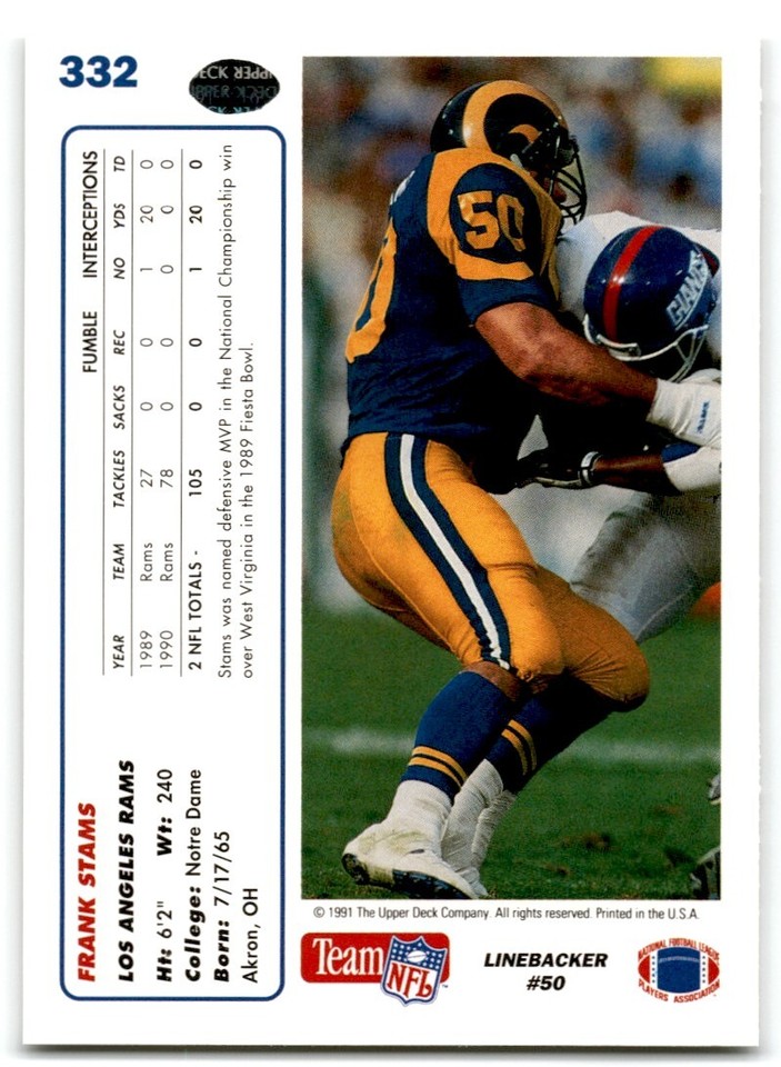 1991 Upper Deck Frank Stams Los Angeles Rams #332 | eBay
