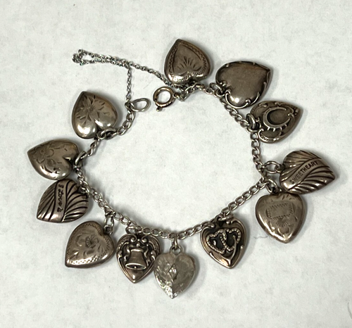 Vintage Sterling Silver Puffy Heart Charm Bracelet with 12 Puffy Hearts ...