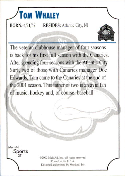2002 Sioux Falls Canaries Multi-Ad 27 Tom Whaley Clubhouse Manager ...