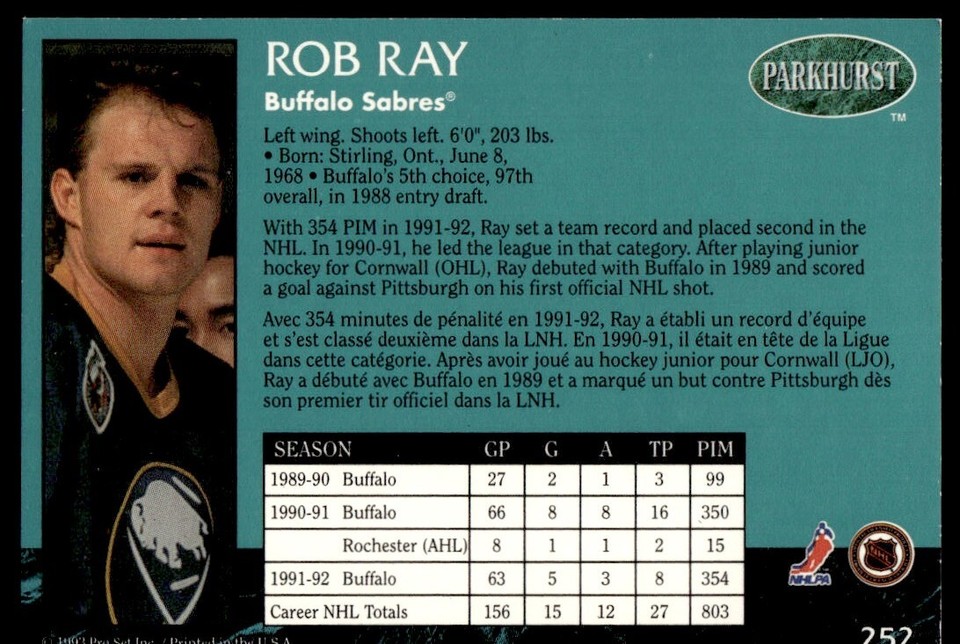 1992-93 Parkhurst Hockey Rob Ray Buffalo Sabres #252 NM | eBay
