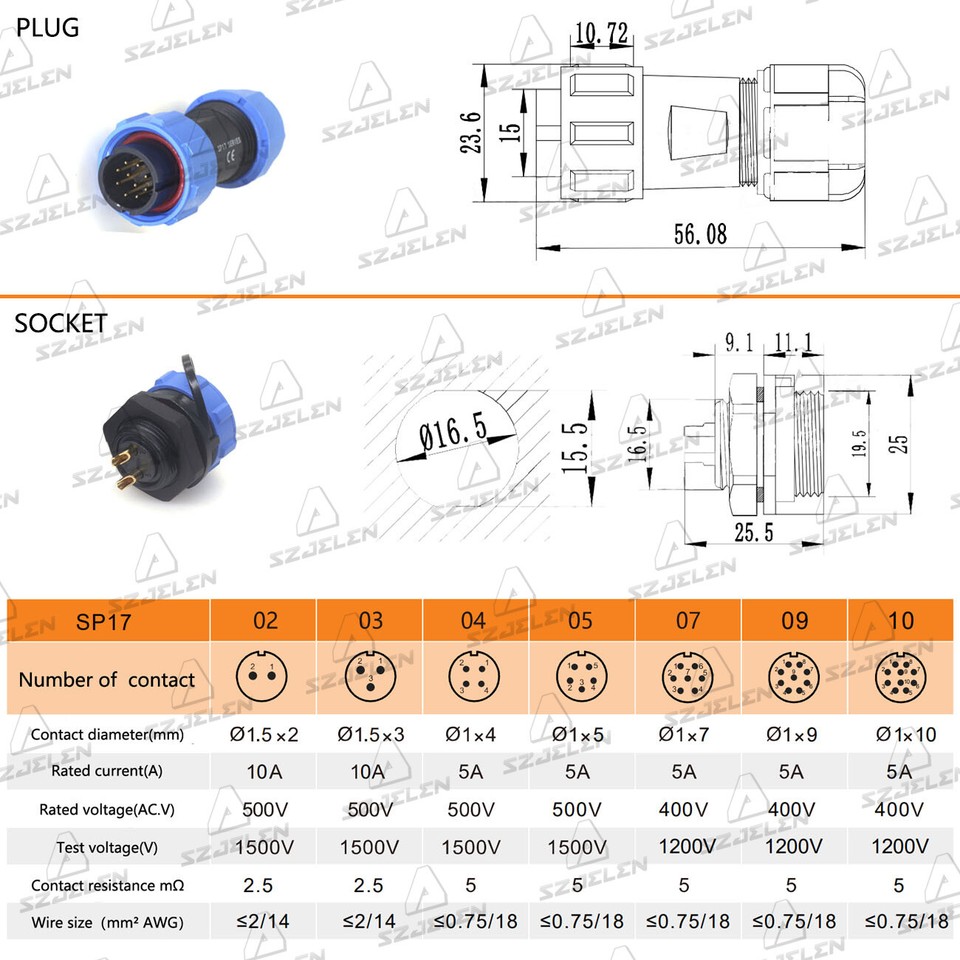 SP17 9Pin RV Power Cable Connector Plug Socket Outdoor Waterproof IP67 ...