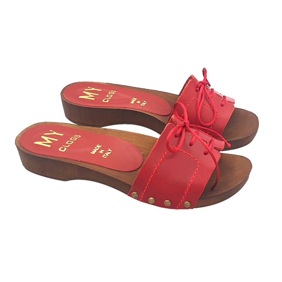 Comfortable Low Clogs In Genuine Leather Red With Laces - MY173 RED | eBay