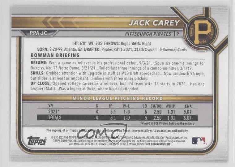 2022 Bowman Paper Prospect Auto Jack Carey #PPA-JC Auto | eBay