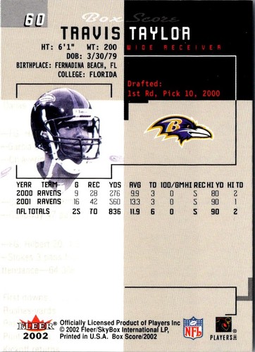 2002 Fleer Box Score Travis Taylor #60 Baltimore Ravens Football Card ...
