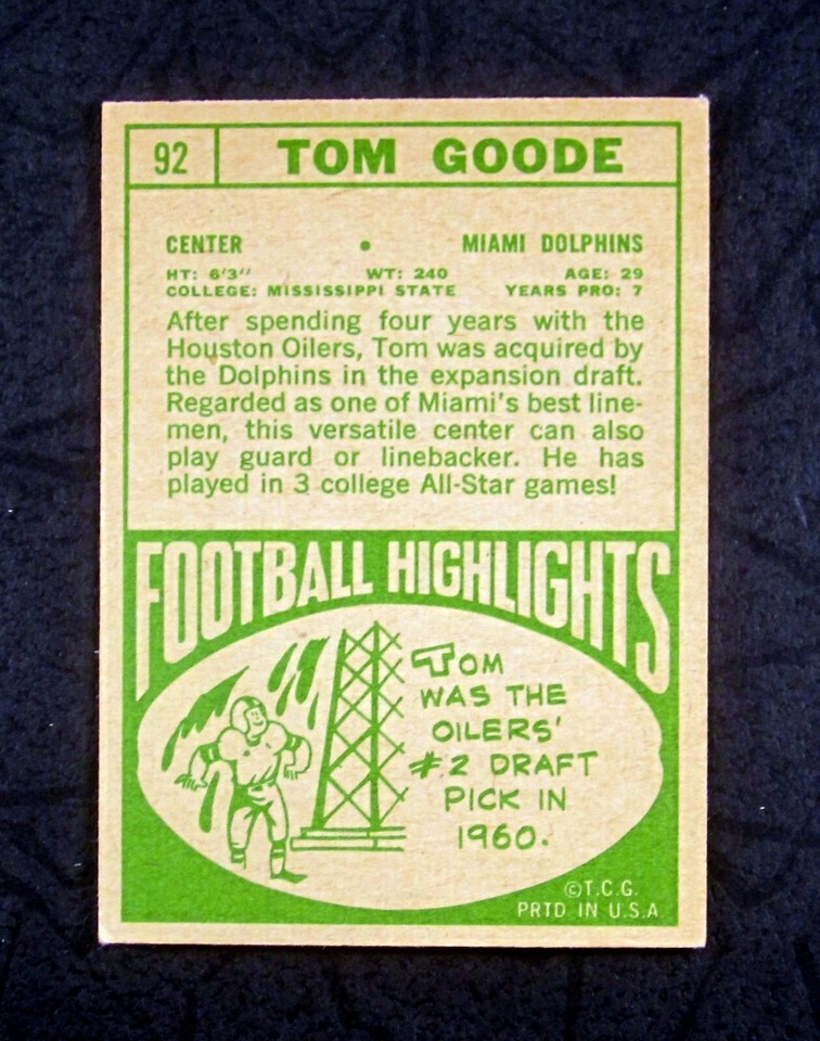 1968 TOPPS SET BREAK Tom Goode #92 Miami Dolphins EX CENTERED | eBay