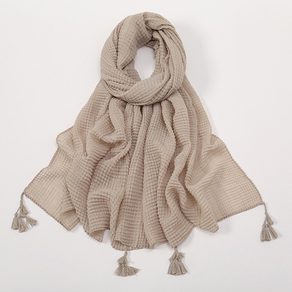 Women's Tassel Plaid Scarf Solid Color Muslim Shawls Hijabs Crinkle ...