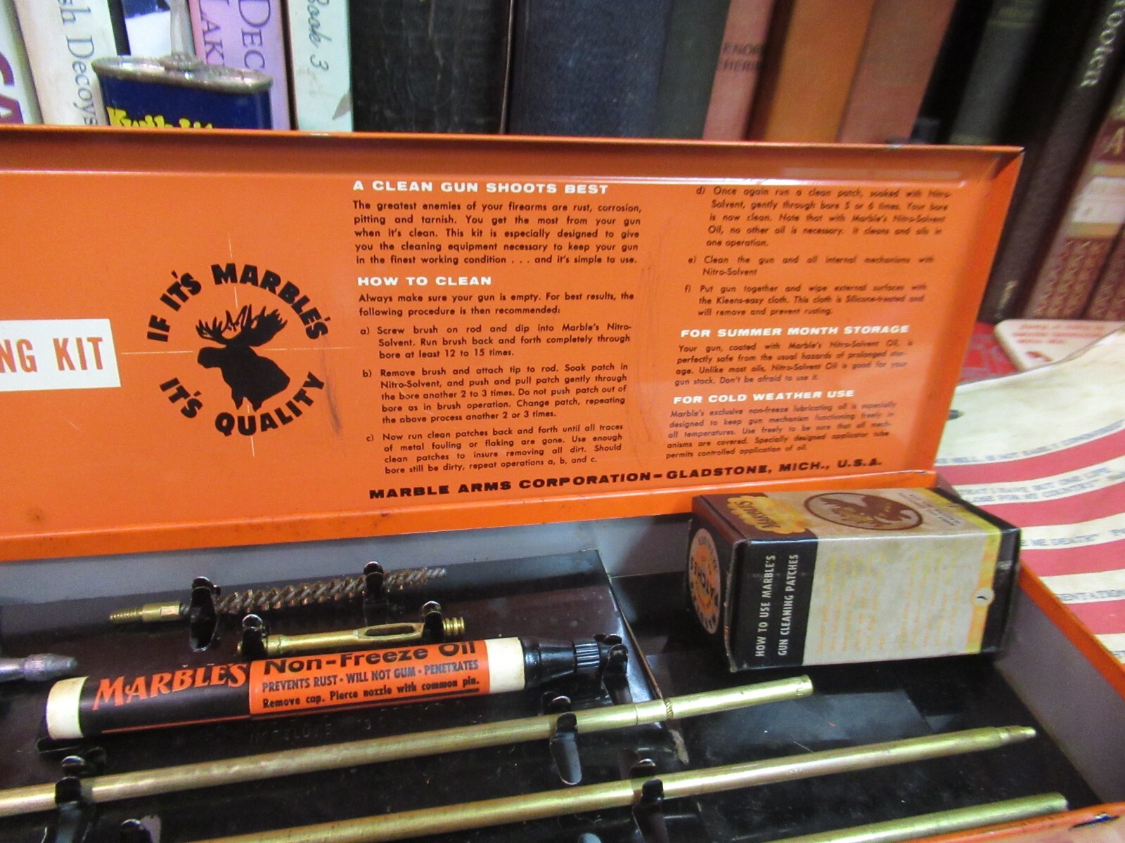 Vintage Marbles Gun Cleaning Kit NITRO SOLVENT LEAD TOP Oil Tin Pad Box ...