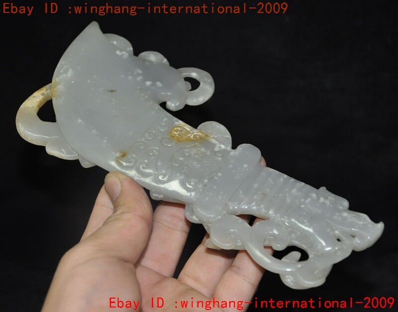8"China dynasty Hetian jade carved animal Han Dragon statue arms Knife ...