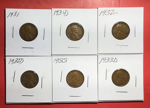 1931 1931D 1932 1932D 1933 & 1933D US LINCOLN CENTS Set of 6 Assorted ...