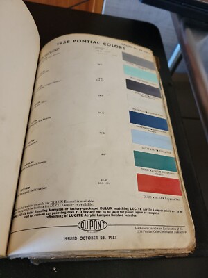 1958 DUPONT DUCO PONTIAC COLORS PAINT CHIP SWATCH SHEET BULLETIN NO 28 ...