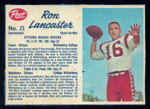 1962 POST CFL FOOTBALL #21 RON LANCASTER EX-NM Ottawa Rough Riders ...