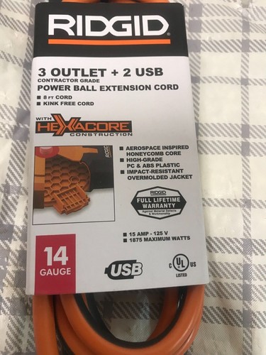 RIDGID -3 Outlet Power Ball Extension Cord Plus 2-USB - Heavy Duty ...